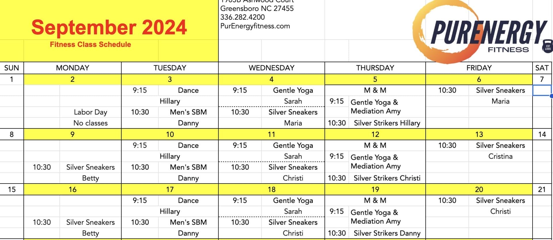September Fitness Calendar - PurEnergy Fitness
