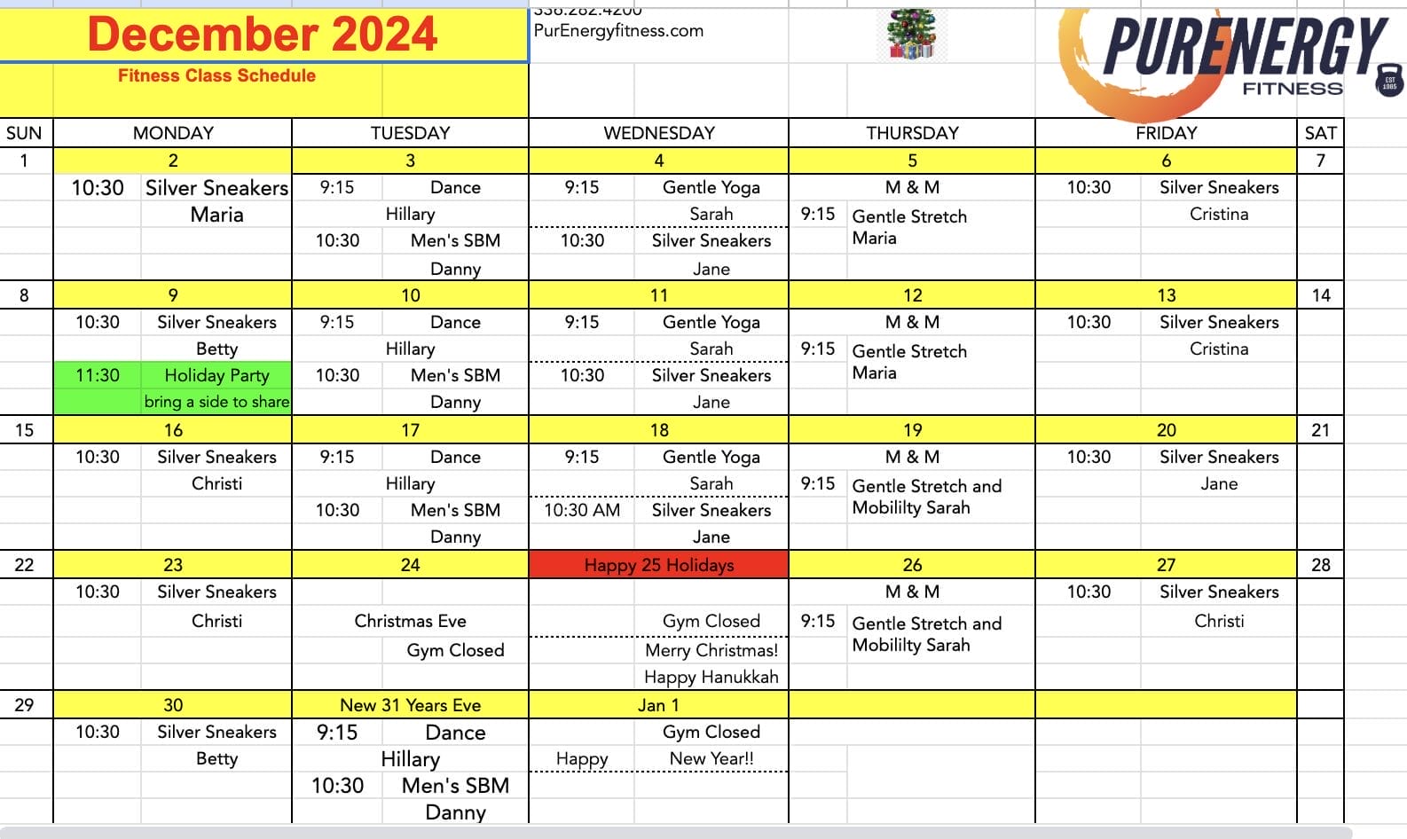 December Fitness calendar - PurEnergy Fitness